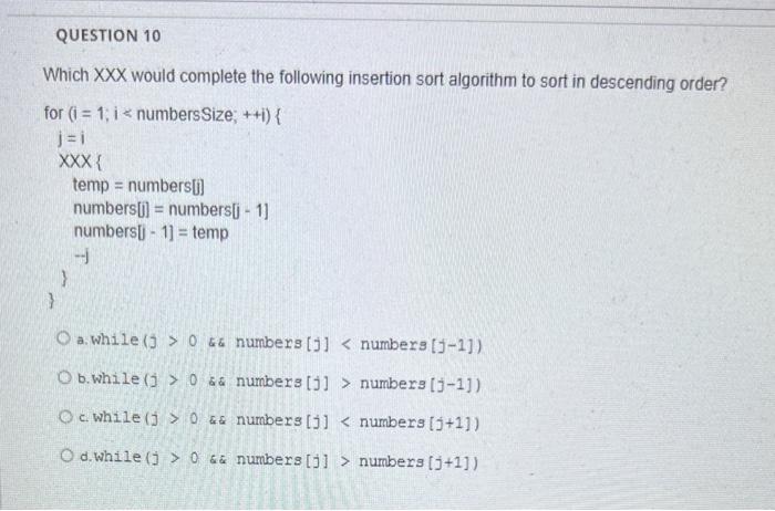 Solved Which XXX would complete the following insertion sort | Chegg.com
