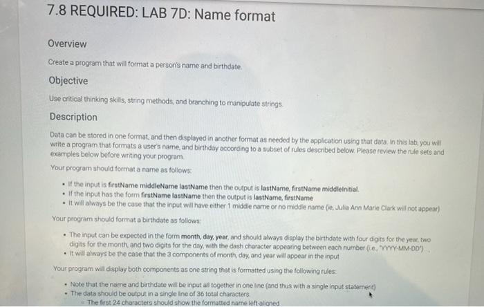 Solved 7.8 REQUIRED: LAB 7D: Name format Overview Create a | Chegg.com