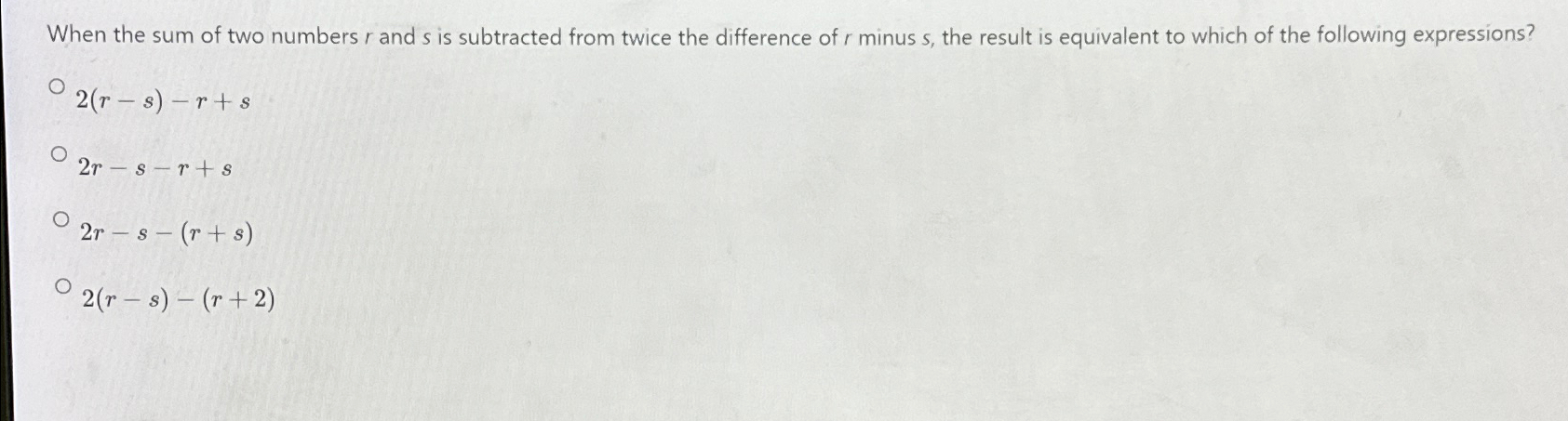 Solved When the sum of two numbers r ﻿and s ﻿is subtracted | Chegg.com