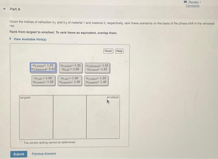 Solved Reflection and Refraction Ranking Task A ray of light | Chegg.com