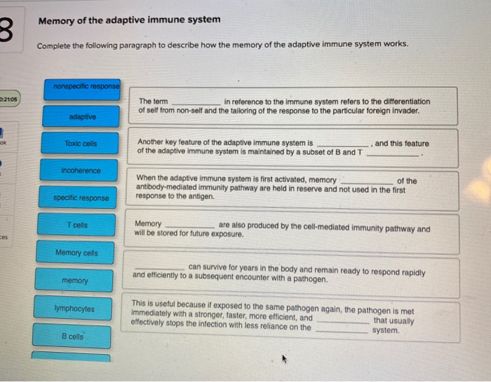 Solved Memory of the adaptive immune system 3 Complete the | Chegg.com