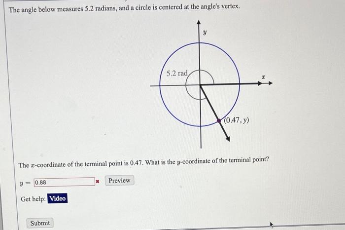 Solved The angle below measures 5.2 radians, and a circle is | Chegg.com