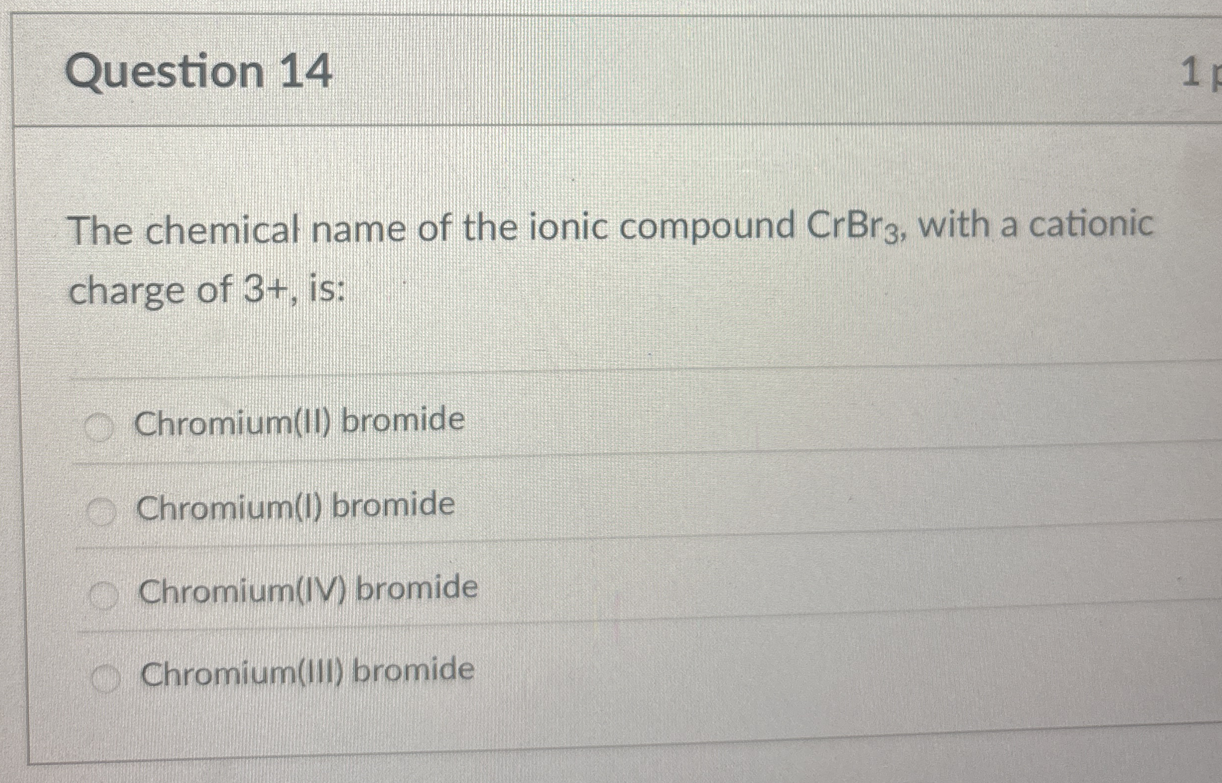 Solved Question 14The chemical name of the ionic compound | Chegg.com