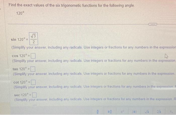 Solved Find the exact values of the six trigonometic | Chegg.com