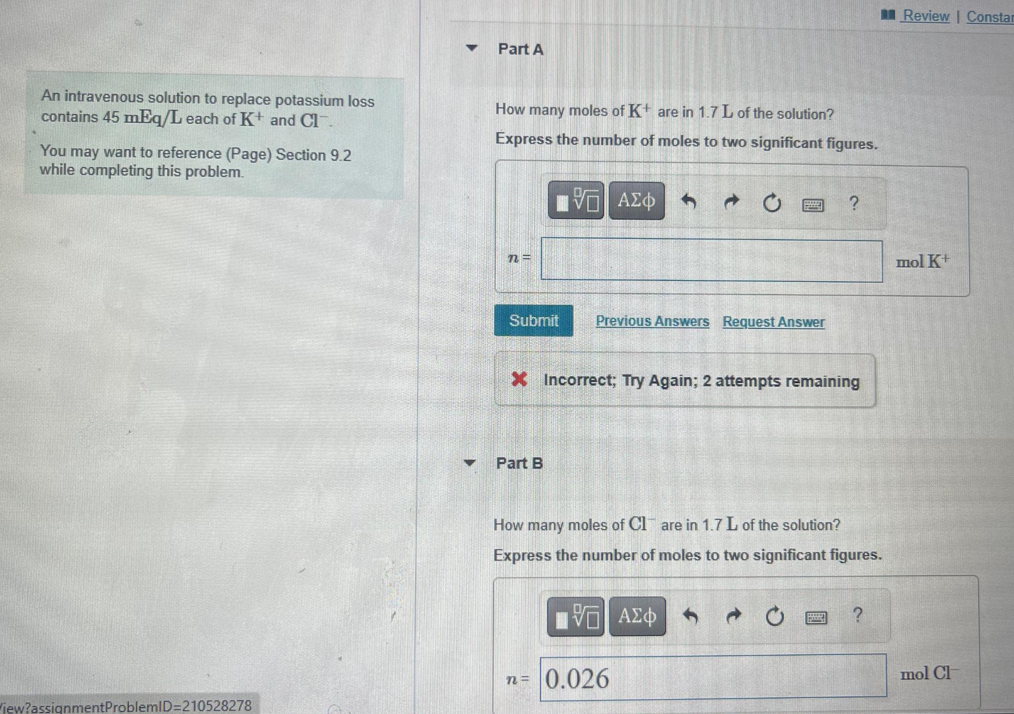 Solved ReviewConstalPart AAn intravenous solution to replace | Chegg.com