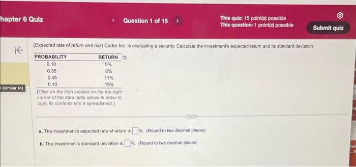 Solved hapter 6 Quiz Question 1 of 15 , (Expected rate of | Chegg.com