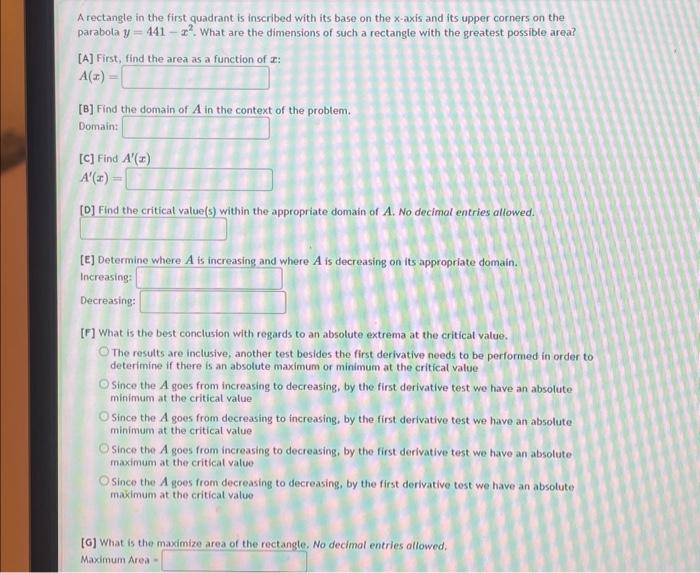 Solved A rectangle in the first quadrant is inscribed with | Chegg.com
