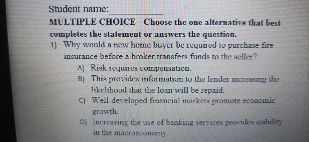 Solved Student name:MULTIPLE CHOICE - ﻿Choose the one | Chegg.com