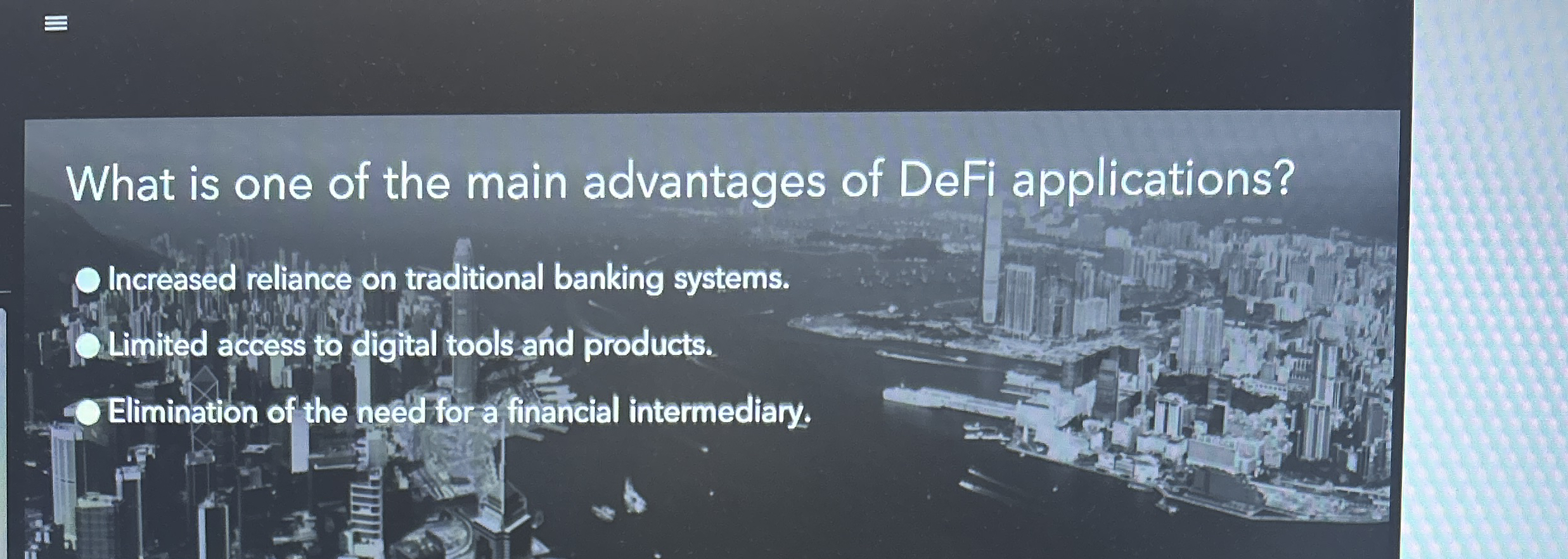 Solved What is one of the main advantages of DeFi | Chegg.com