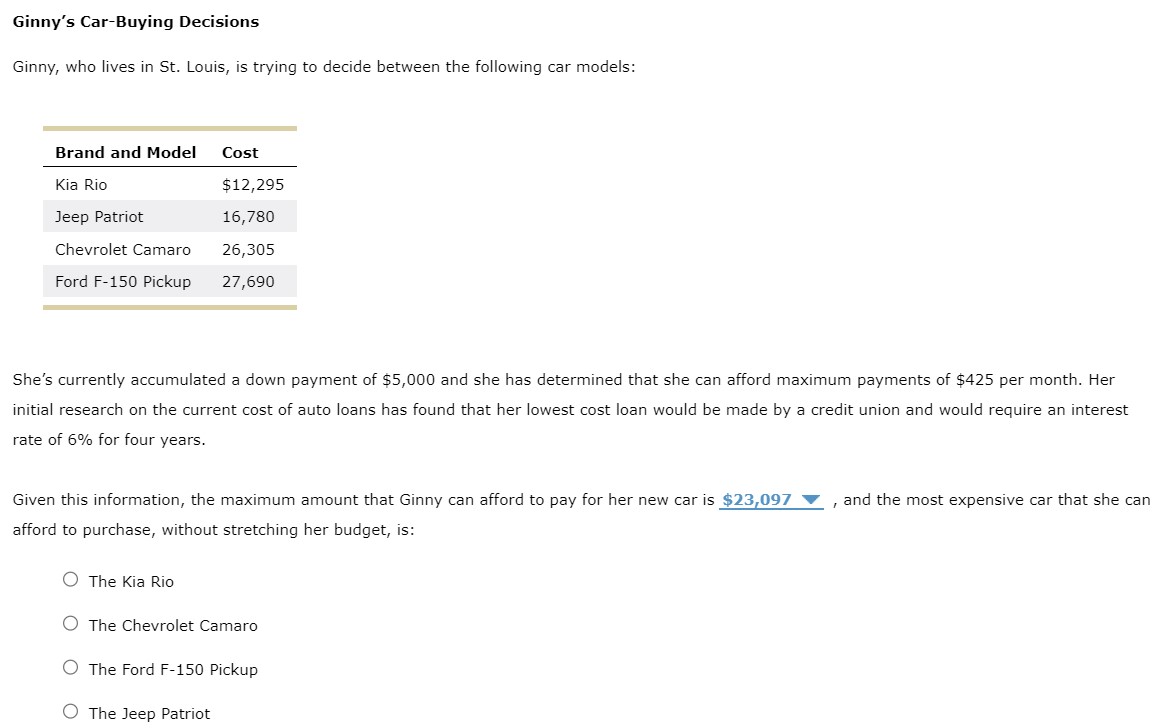 Solved Ginny's Car-Buying DecisionsGinny, who lives in St. | Chegg.com