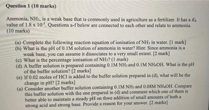 Solved Ammonia, NH3, is a weak base that is commonly used in | Chegg.com