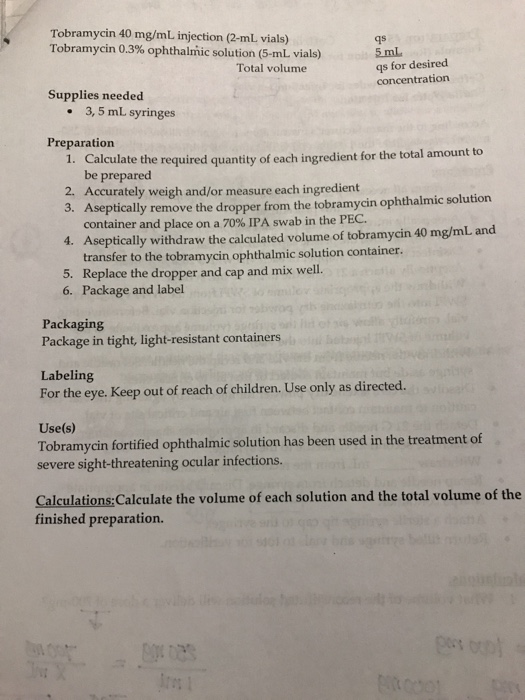 Preparation #4: Tobramycin 15 mg/mL Ophthalmic | Chegg.com