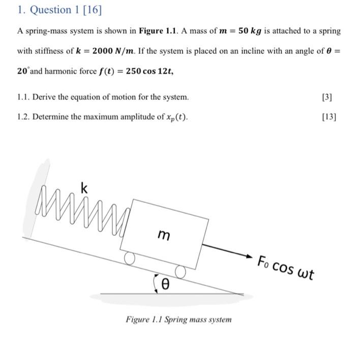 Solved 1. Question 1 [16] A spring-mass system is shown in | Chegg.com
