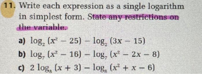 Solved 1. Write each expression as a single logarithm in | Chegg.com
