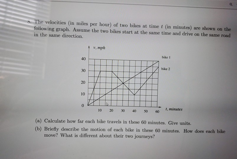 Solved 8. The velocities (in miles per hour) of two bikes at | Chegg.com