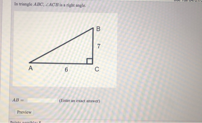 Solved Due Tue 047211 In triangle ABC, ZACB is a right | Chegg.com
