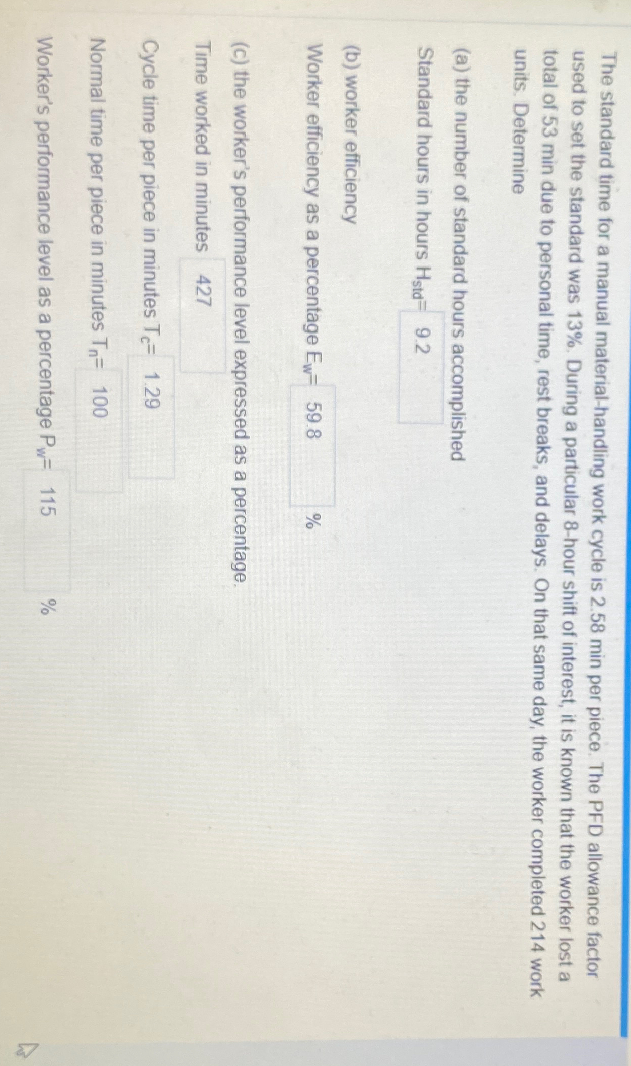 Solved The standard time for a manual material-handling work | Chegg.com