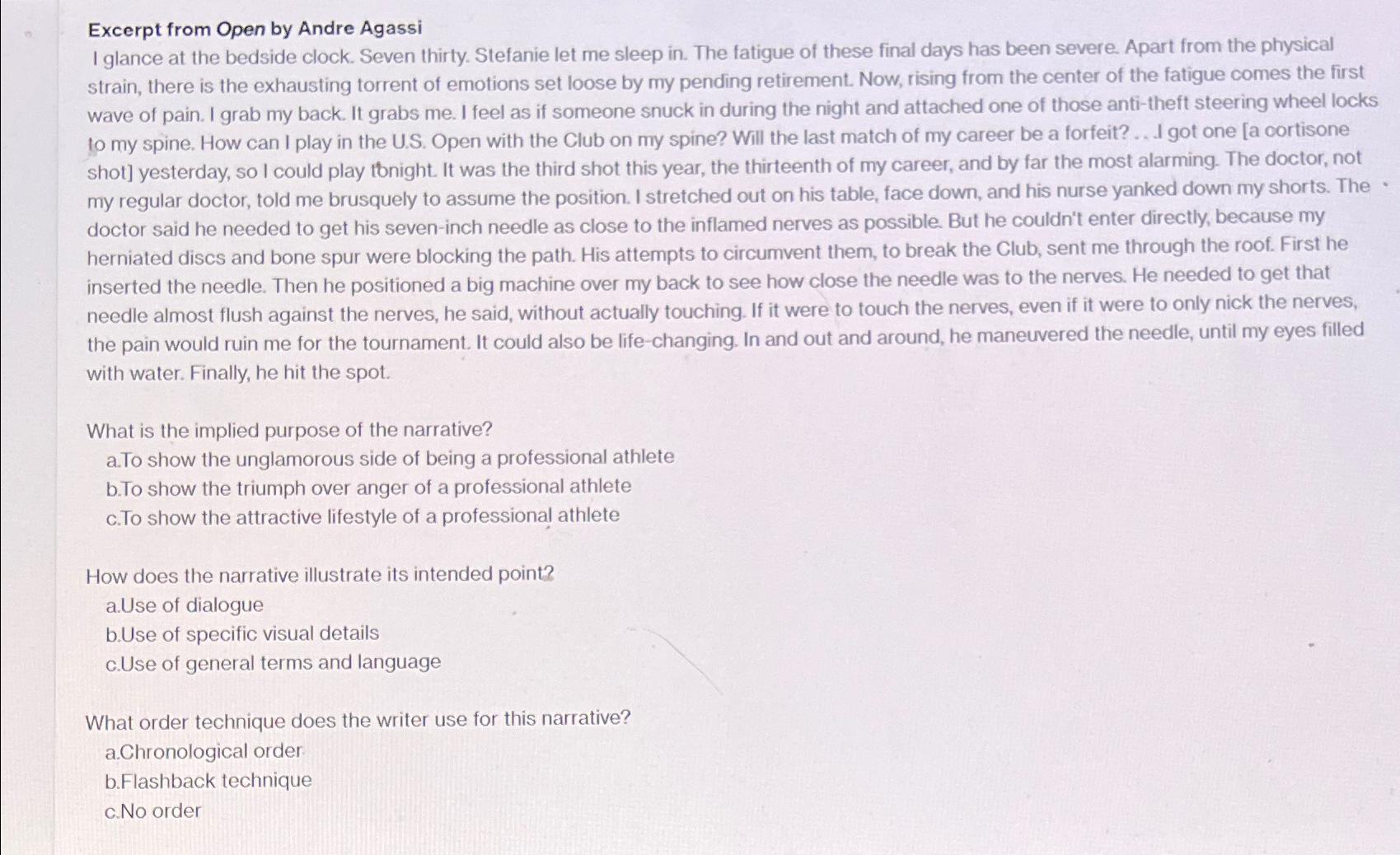 Solved Excerpt from Open by Andre AgassiI glance at the | Chegg.com