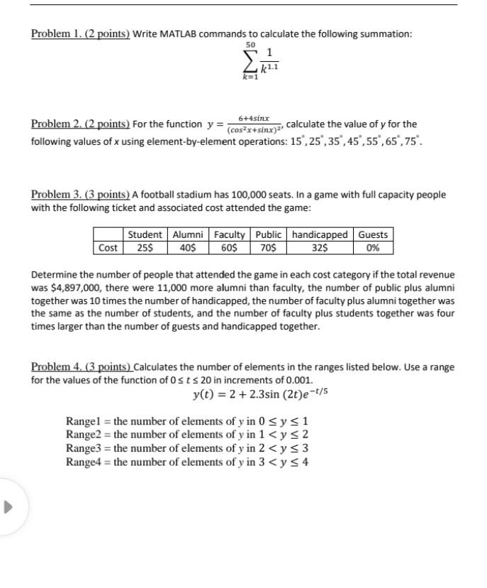 Solved Problem 1. (2 points) Write MATLAB commands to | Chegg.com
