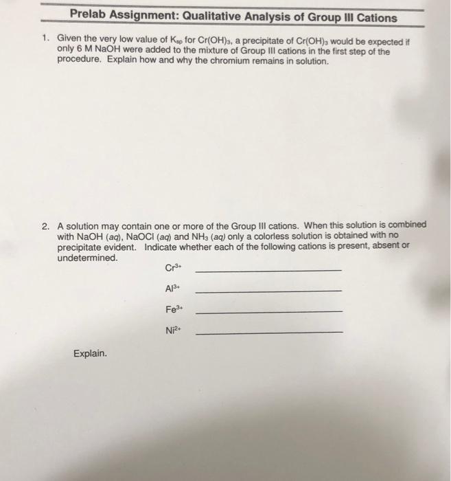 Solved Prelab Assignment: Qualitative Analysis of Group III | Chegg.com
