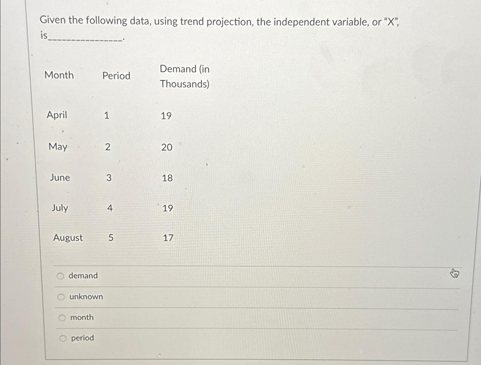 Given the following data, using trend projection, the | Chegg.com