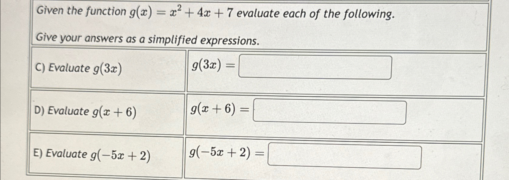 Solved Given the function g(x)=x2+4x+7 ﻿evaluate each of the | Chegg.com