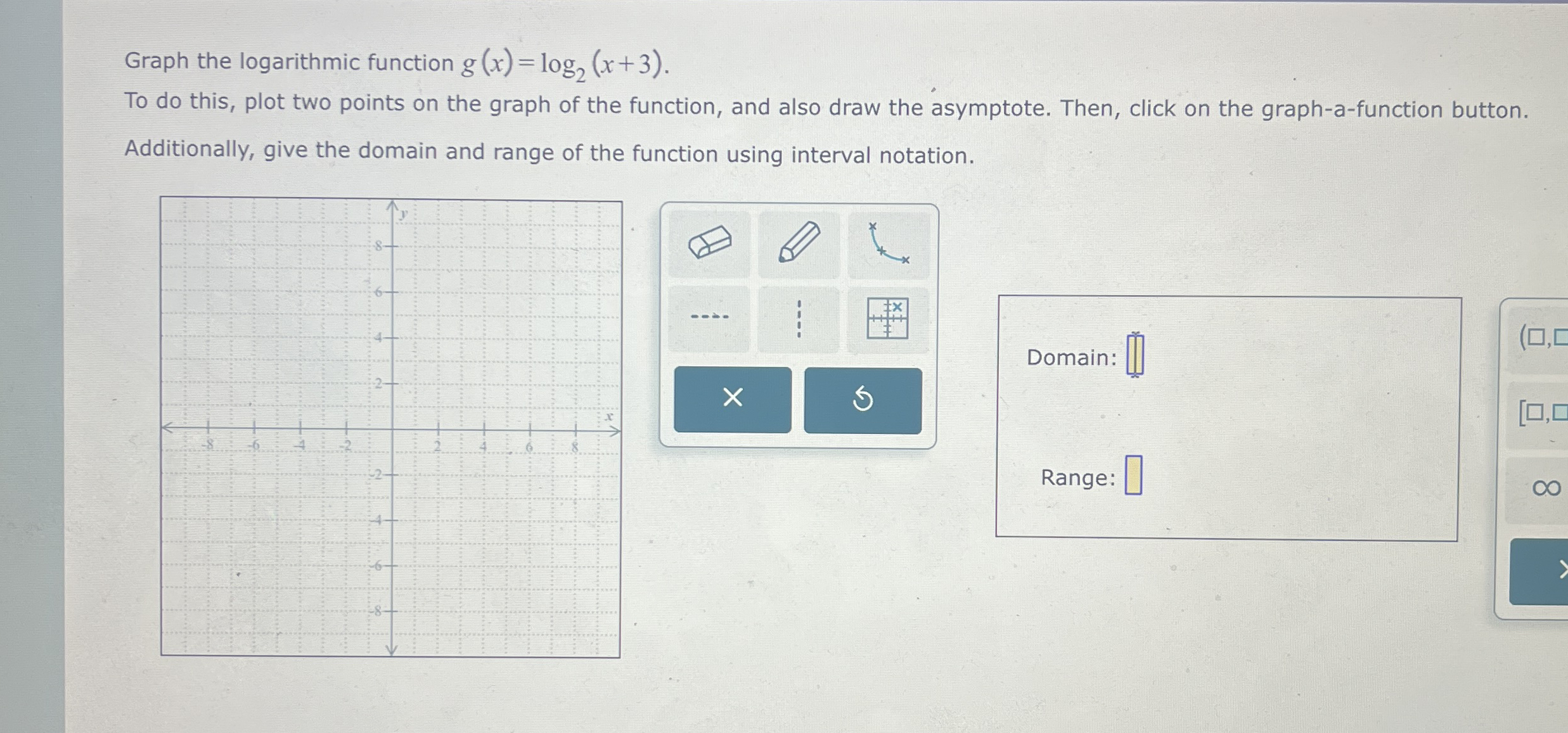 Solved Graph the logarithmic function g(x)=log2(x+3).To do | Chegg.com