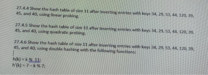 Solved 27.4.4 Show the hash table of size 11 after inserting | Chegg.com