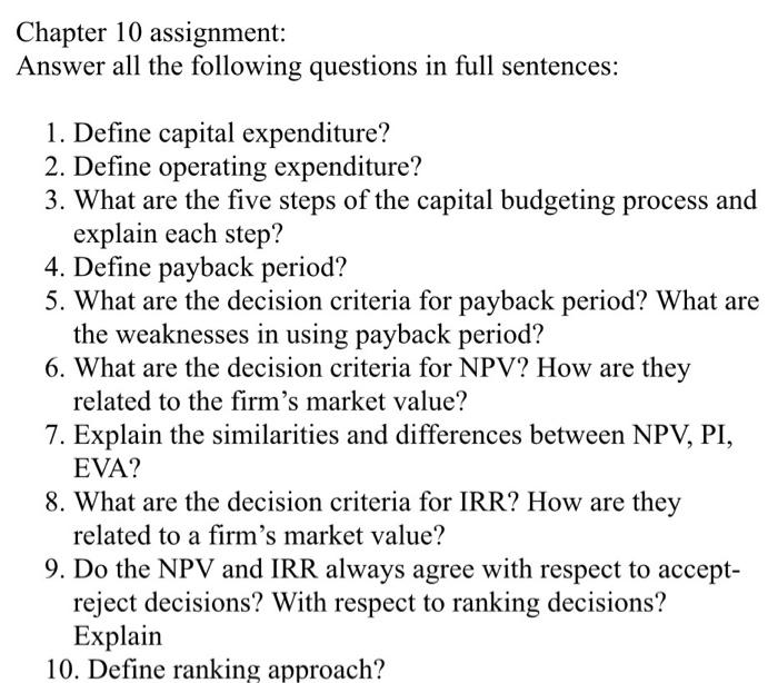 Solved Chapter 10 assignment: Answer all the following | Chegg.com