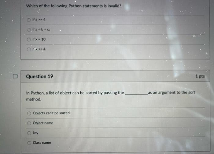 Solved Which of the following Python statements is invalid? | Chegg.com