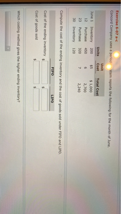Solved Exercise 6-07 a-c Concord Company uses a periodistem | Chegg.com