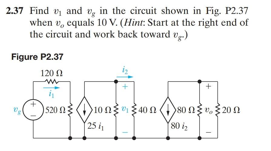 Solved 2.37 Find v1 and vg in the circuit shown in Fig. | Chegg.com