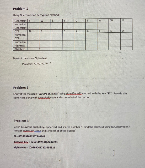 Solved Problem 1 Using One-Time Pad decryption method: | Chegg.com