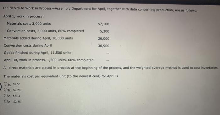 Solved The debits to Work in Process --Assembly Department | Chegg.com