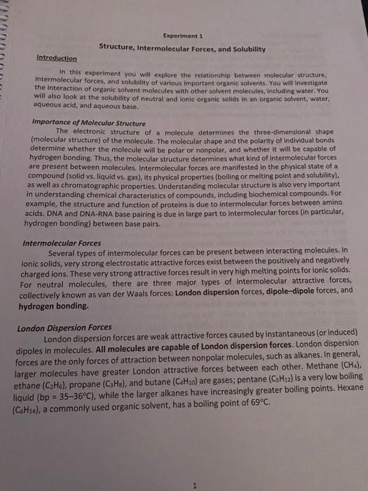 Solved Experiment 1 Structure, Intermolecular Forces, and | Chegg.com