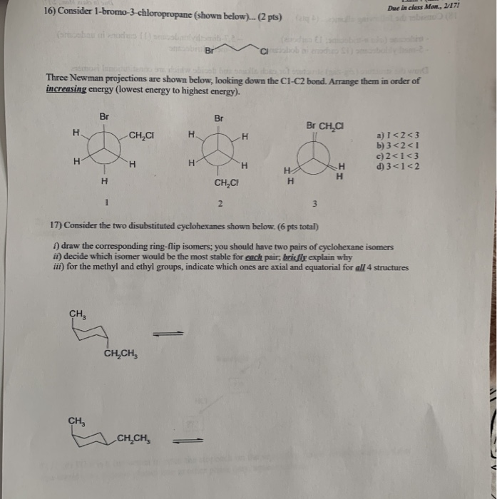 Solved 16) Consider 1-bromo-3-chloropropane (shown below)... | Chegg.com