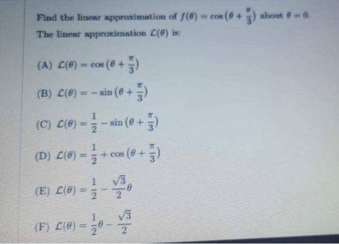 Solved Find the linear approximation of f(©) = cos(8 + 3) | Chegg.com