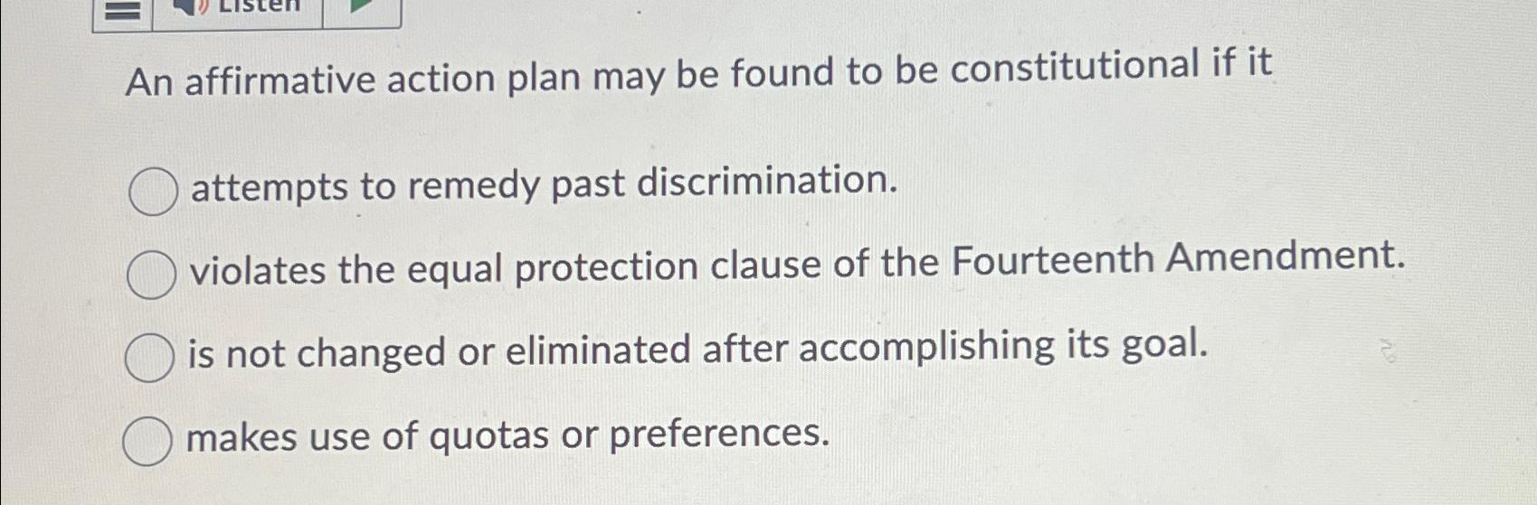 Solved An affirmative action plan may be found to be | Chegg.com