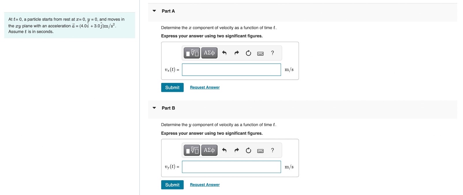 Solved At t=0, ﻿a particle starts from rest at x=0,y=0, ﻿and | Chegg.com