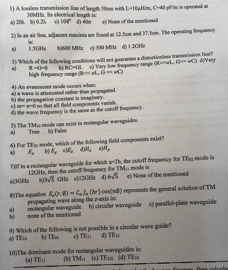 Solved 1) A lossless transmission line of length 50 cm with | Chegg.com