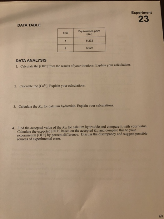 Experiment 23 DATA TABLE Trial Equivalence point (ml) | Chegg.com