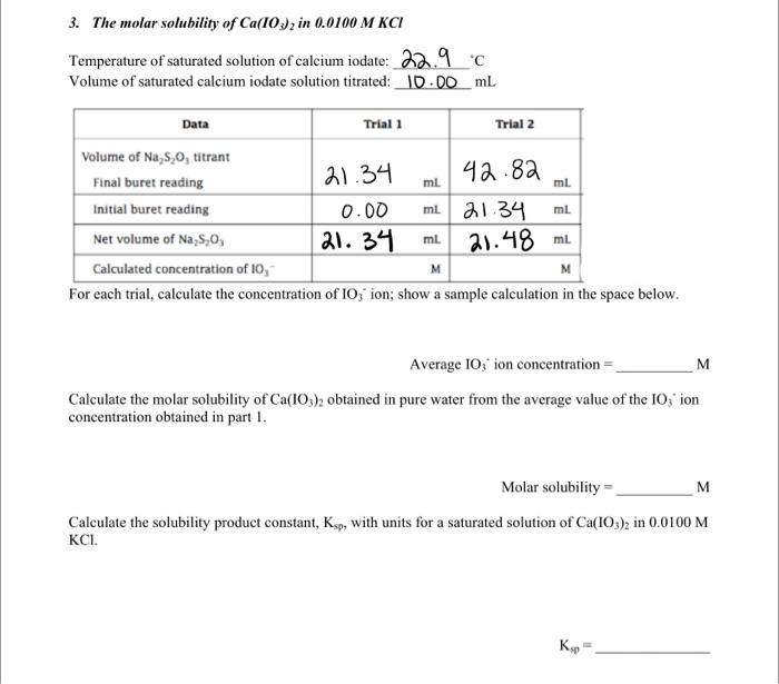 Solved 3. The molar solubility of Ca(IO3)2 in 0.0100MKCl | Chegg.com
