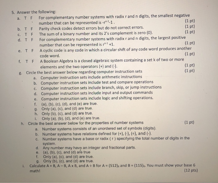 Solved 5. Answer the following: a. TF For complementary | Chegg.com