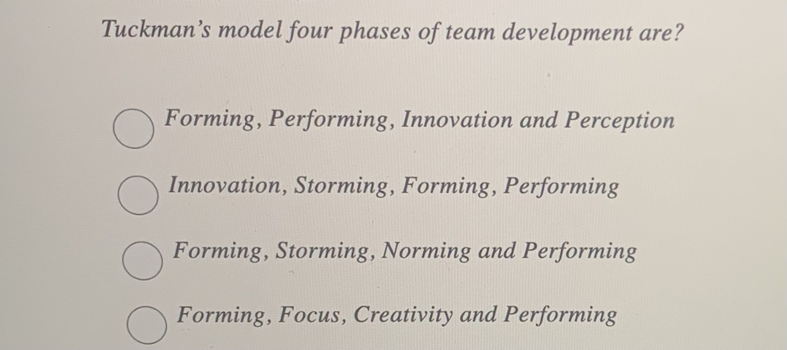 Solved Tuckman's model four phases of team development | Chegg.com