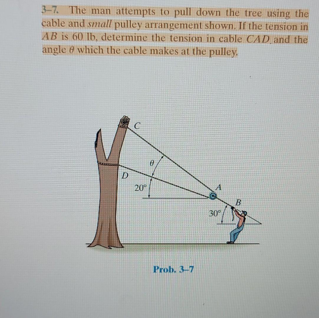 Solved 3-7. The man attempts to pull down the tree using the | Chegg.com