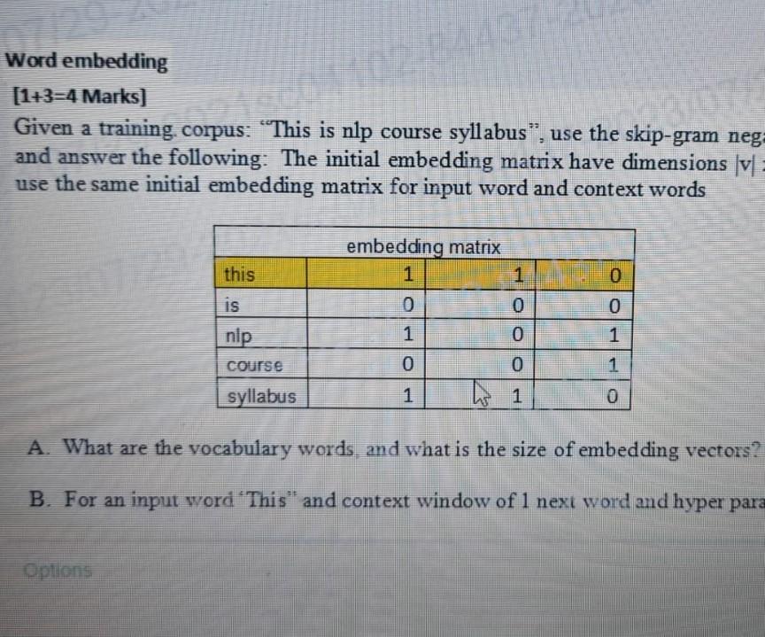 Solved Word embedding [1+3=4 Marks] Given a training corpus: | Chegg.com