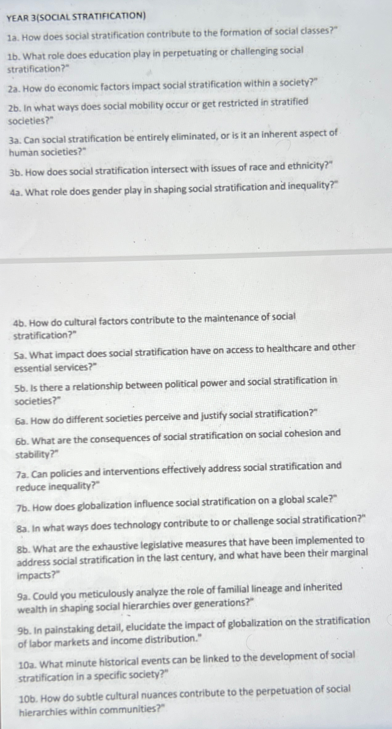 Solved YEAR 3(SOCIAL STRATIFICATION)1a. ﻿How does social | Chegg.com