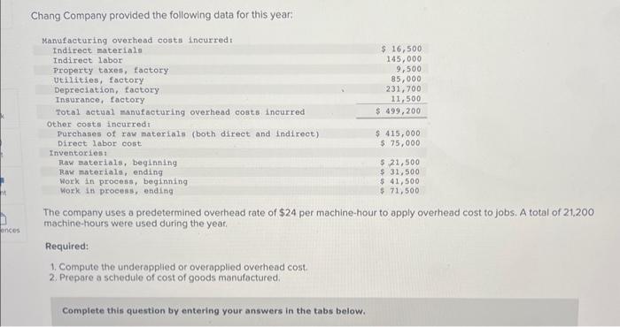 Solved Chang Company provided the following data for this | Chegg.com