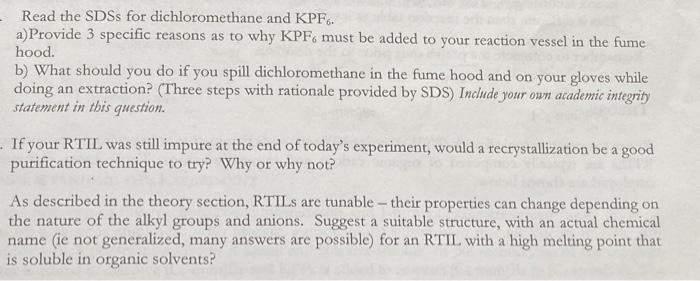 Solved Read the SDSs for dichloromethane and KPF6. a) | Chegg.com