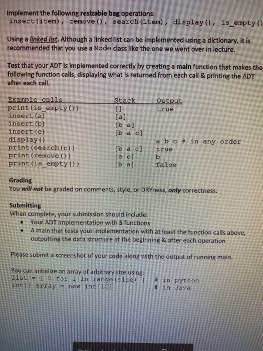 Solved Implement The Following Resizable Bag Operations 5634
